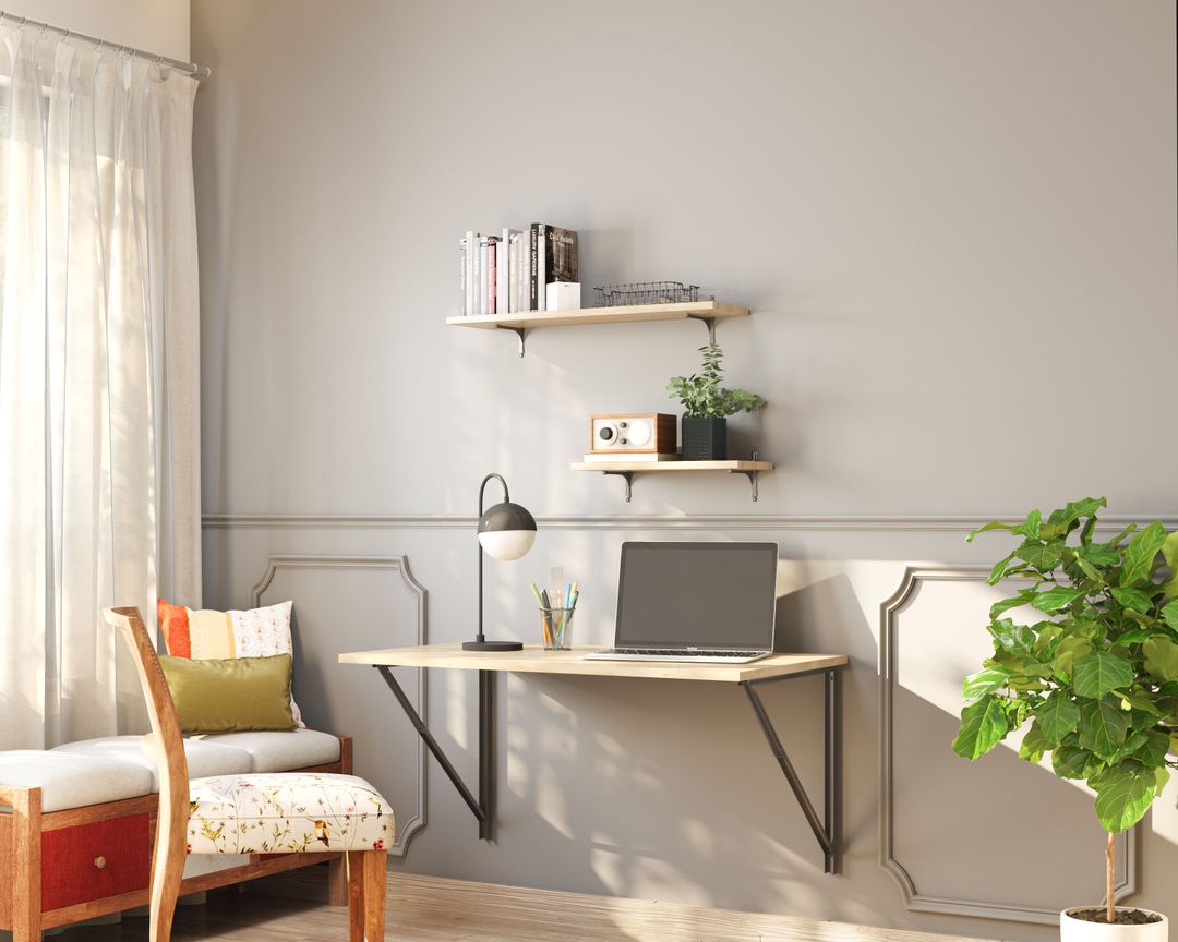 Compact Minimal Home Office Design with Dark Grey Accent Wall | Livspace