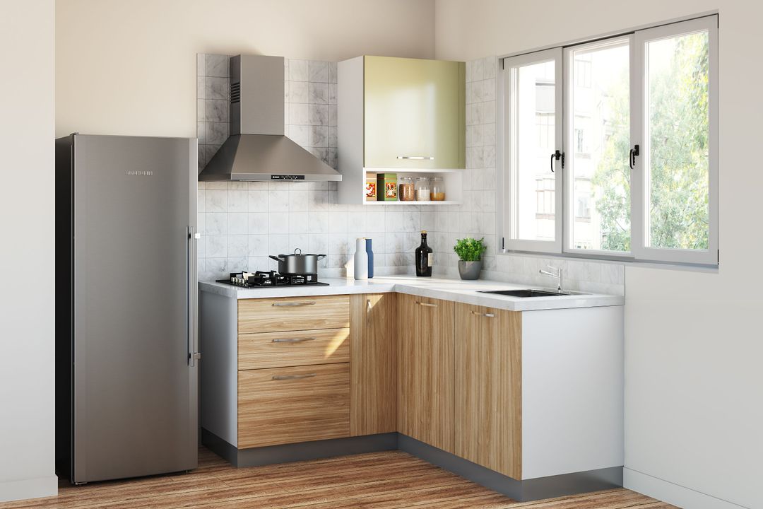 Modern L-Shaped Kitchen Design with Mosaic Backsplash, Drawer and ...