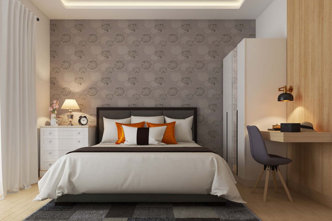 Spacious Guest Room Design With Floral Grey Wallpaper And Wooden Study ...