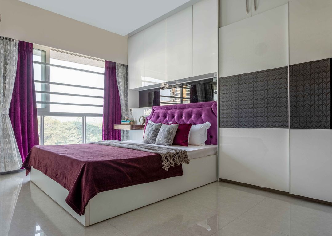 Space-Saving White And Purple Master Bedroom Design With Integrated ...
