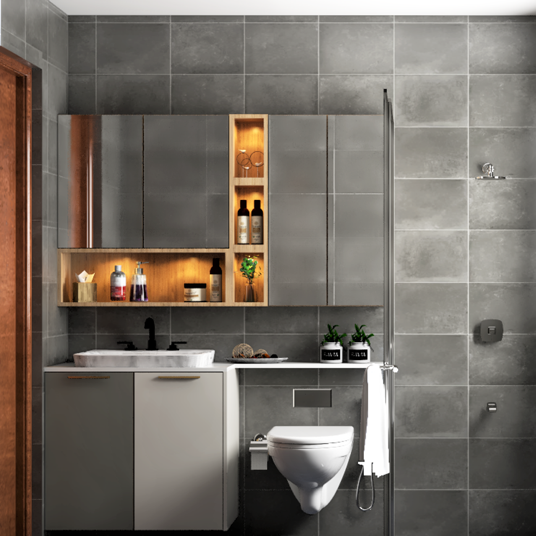 Space Saving Bathroom Space with Open and Closed Storage Unit | Livspace