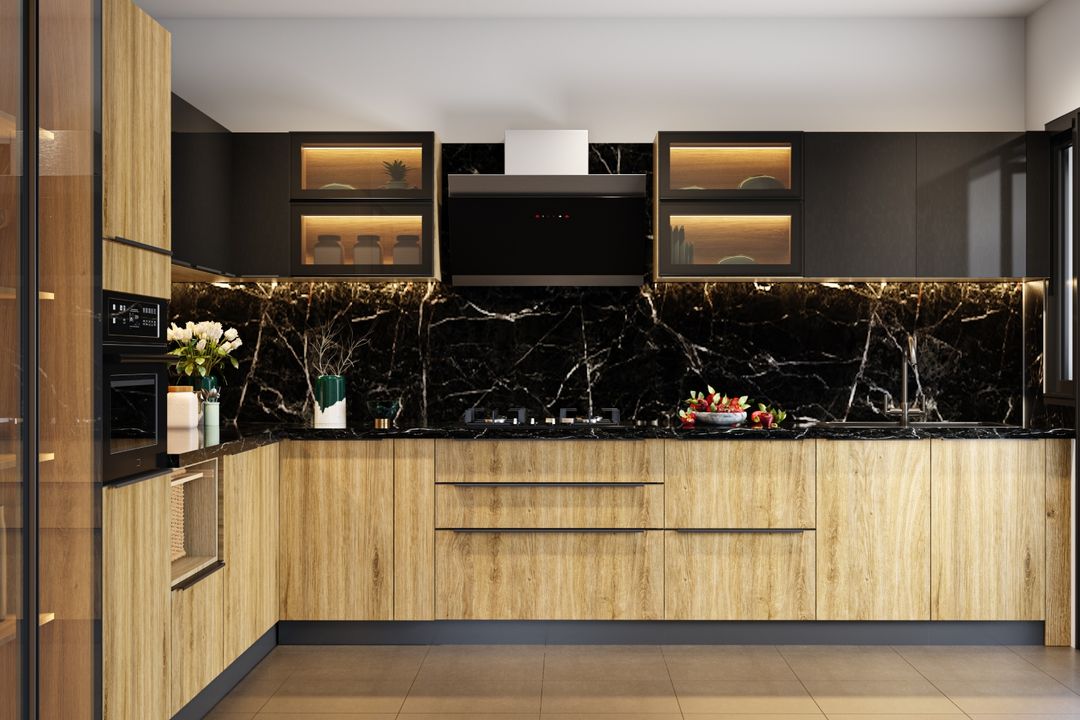 Customisable High Gloss Black Marble Tiles Design for Kitchen | Livspace