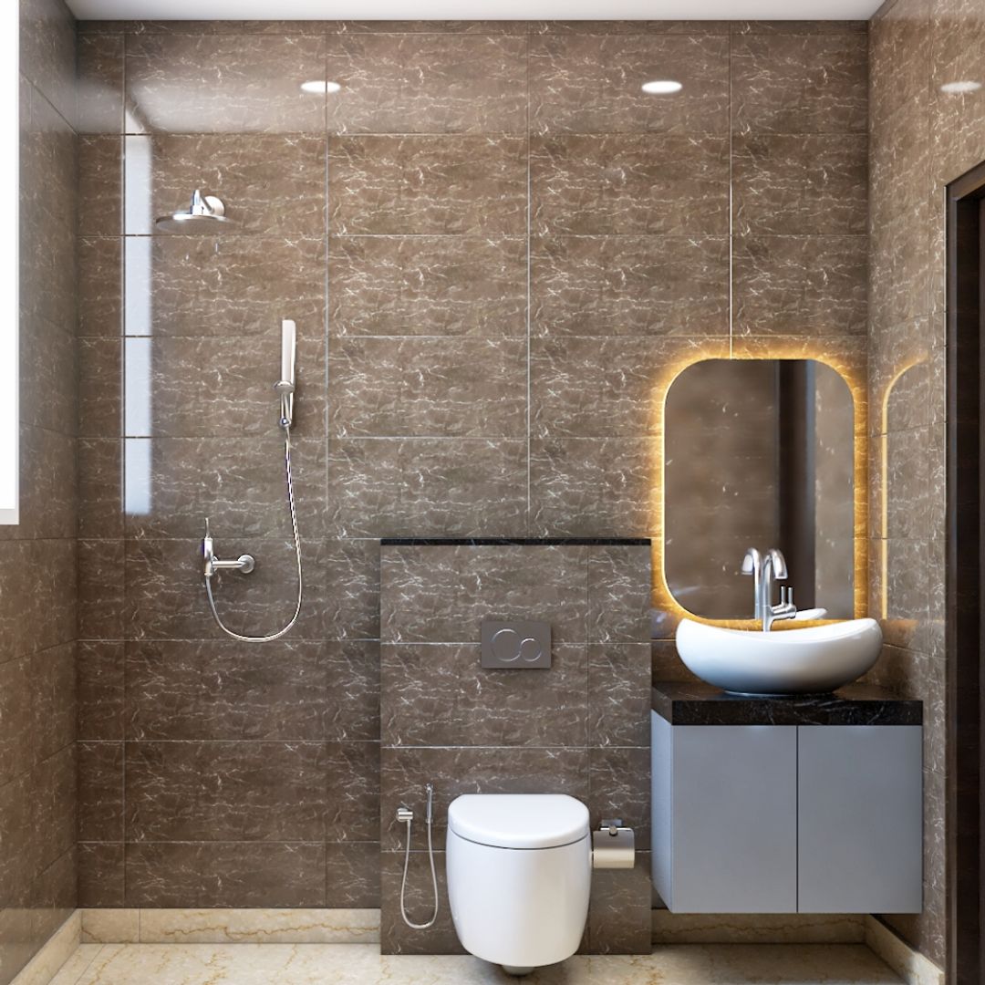 Matte Brown Bathroom Tile Design With Grid Pattern | Livspace