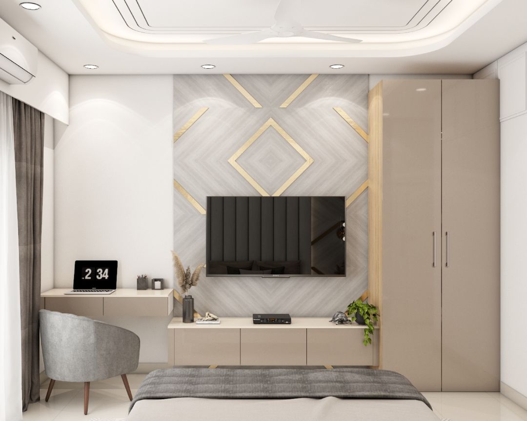 Glossy Modern Irish Cream TV Unit Design With Grey And Gold TV Back ...