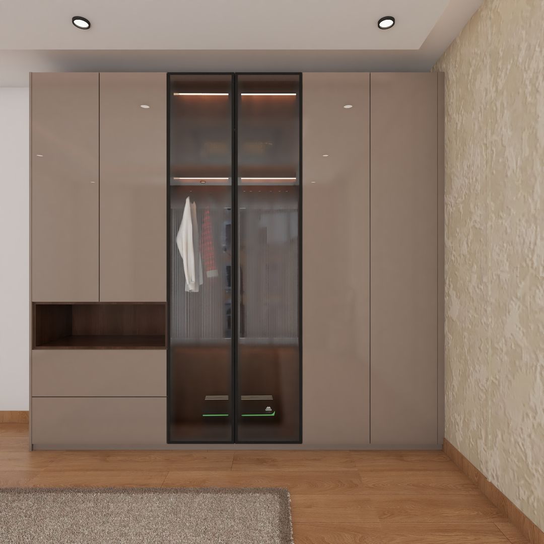 Glossy Beige And Wood 6-Door Swing Wardrobe Design With Translucent ...