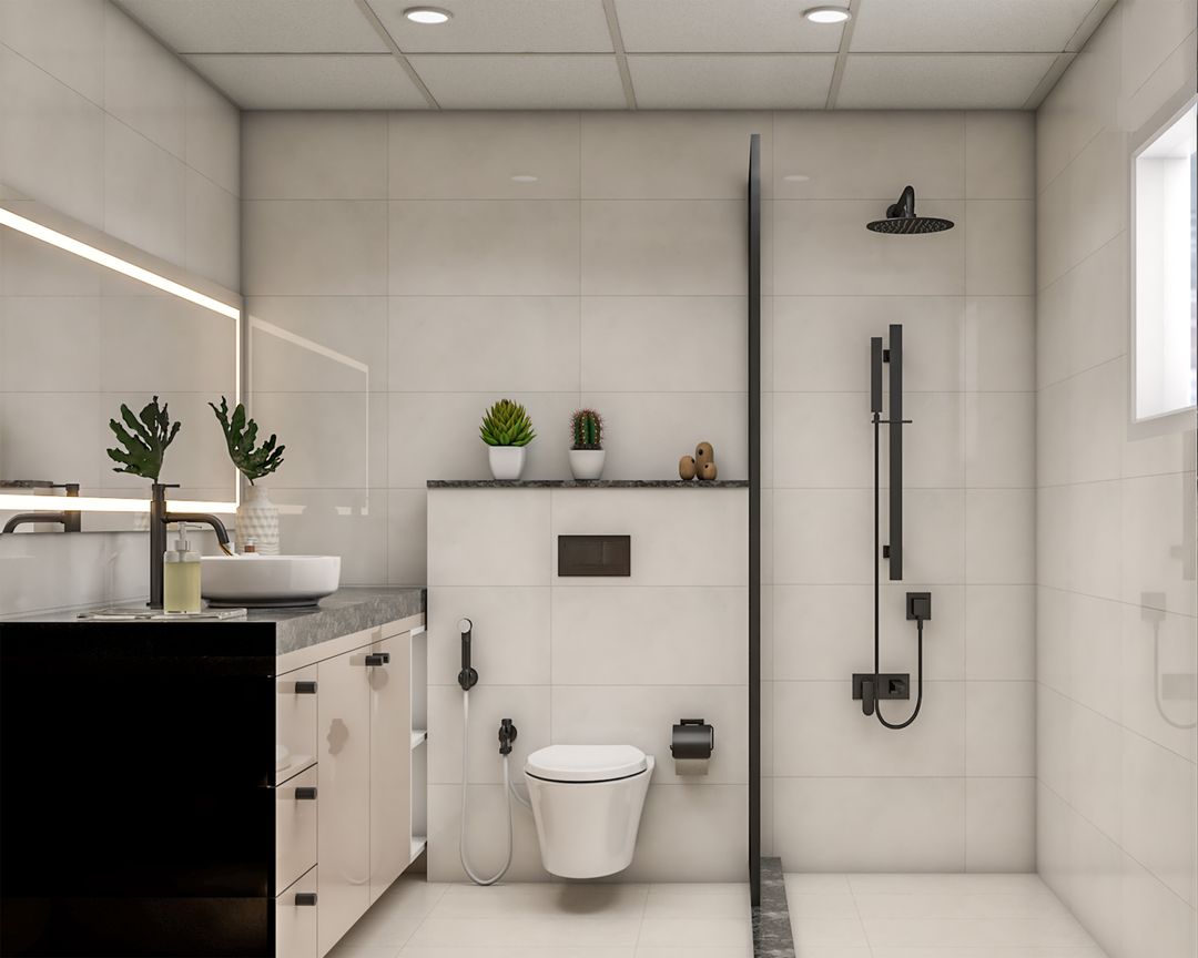 Minimal Off-White Tiles Bathroom Design with Double Vanity and Black ...