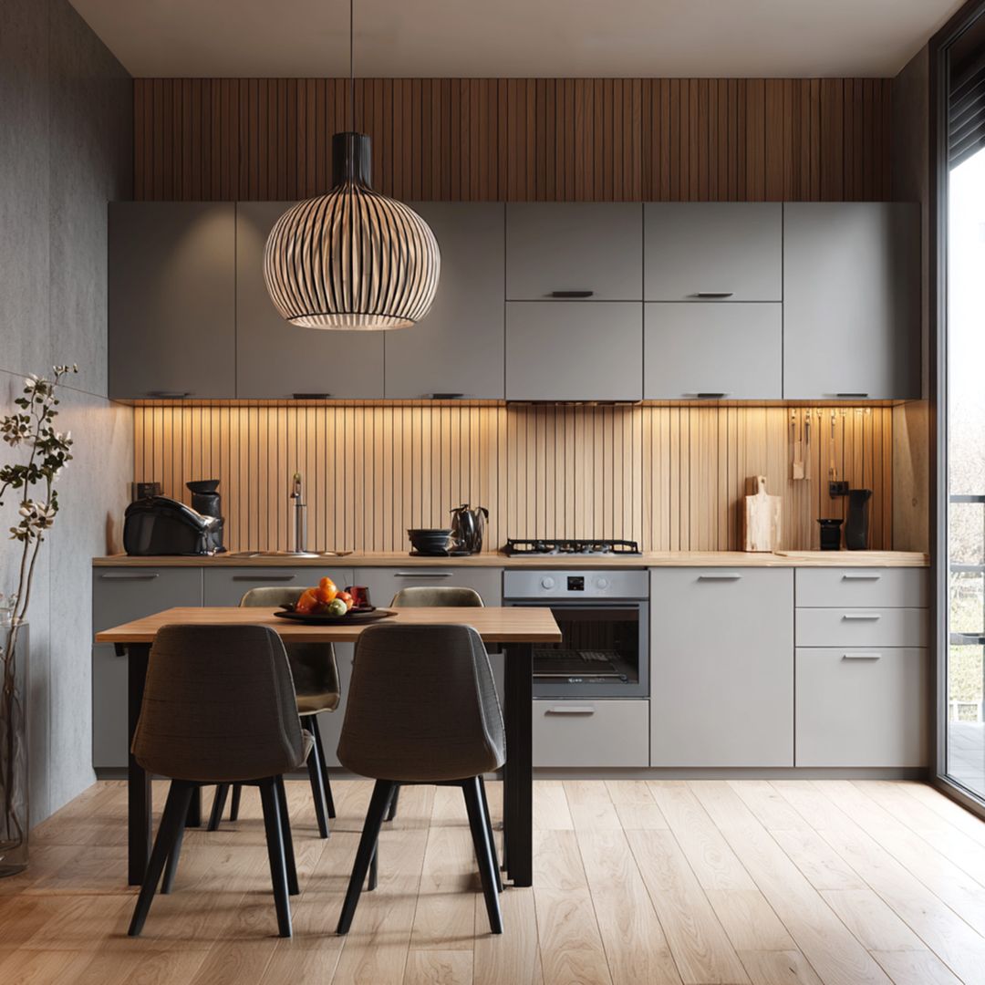 Grey Scandinavian Straight Kitchen Design with Wooden Countertops ...