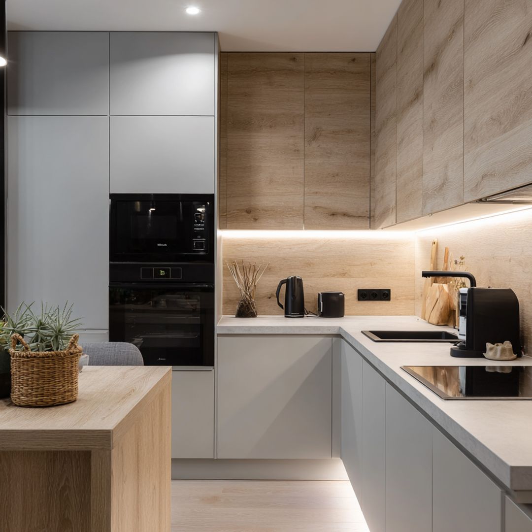 Grey Acacia Contemporary L-Shaped Kitchen Design with Quartz Countertop ...