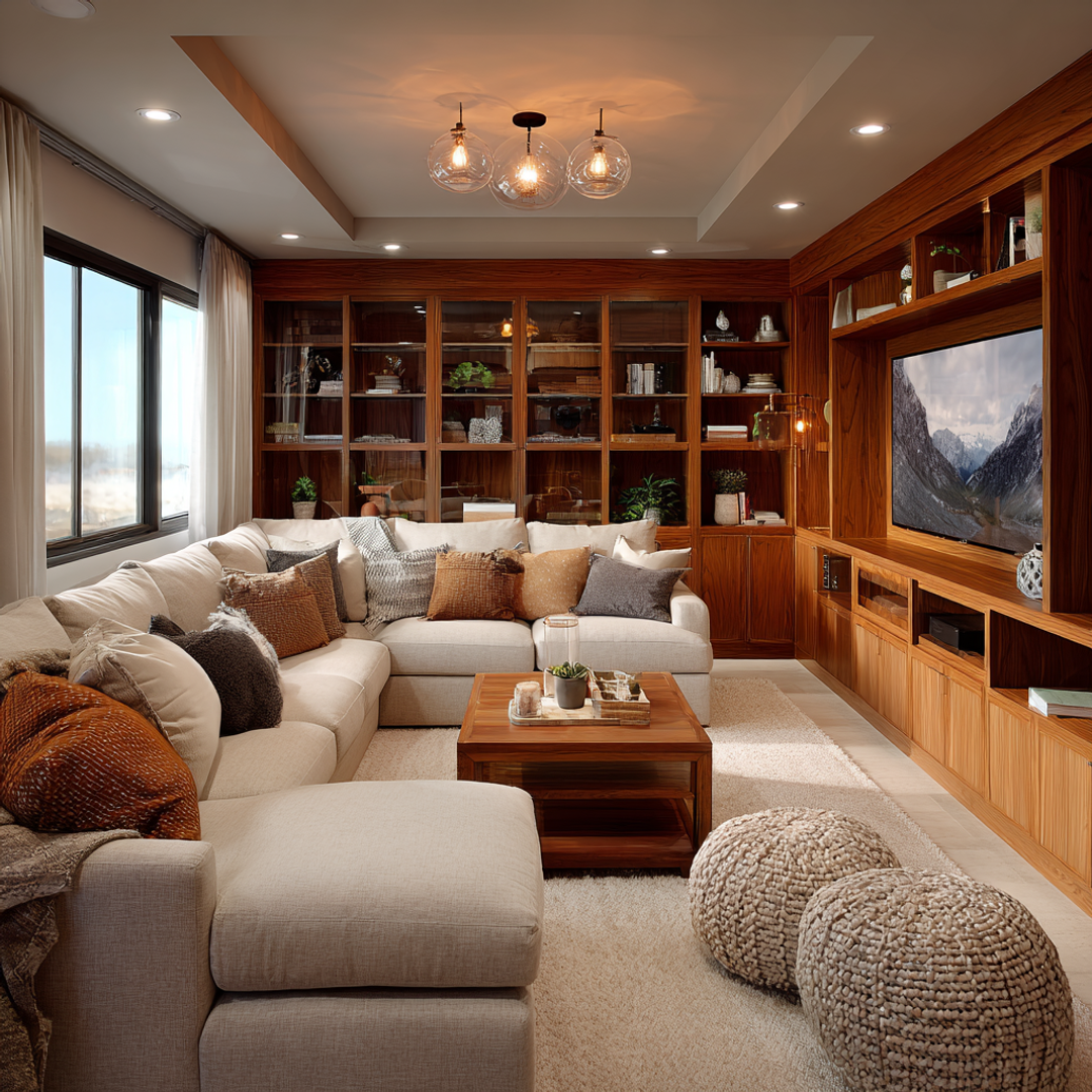 Contemporary Living Room Design with L-Shaped Sofa and Bookshelves ...