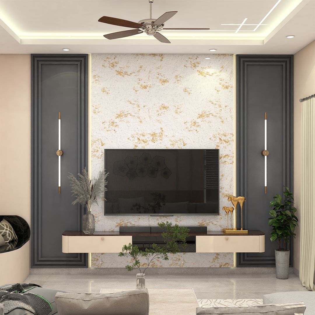 Living Room Modern TV Unit Design with Floating Console and Gold-White ...