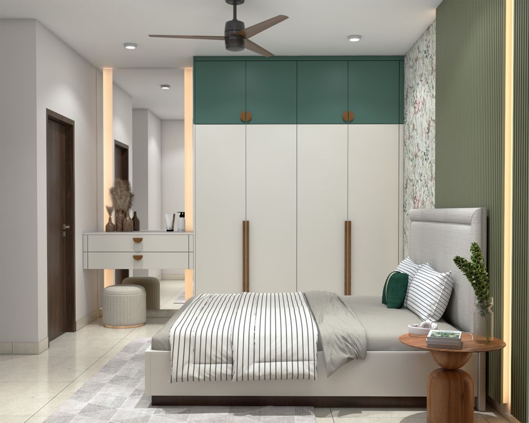 Master Bedroom 4-Door Modern Swing Wardrobe Design in White and Green ...