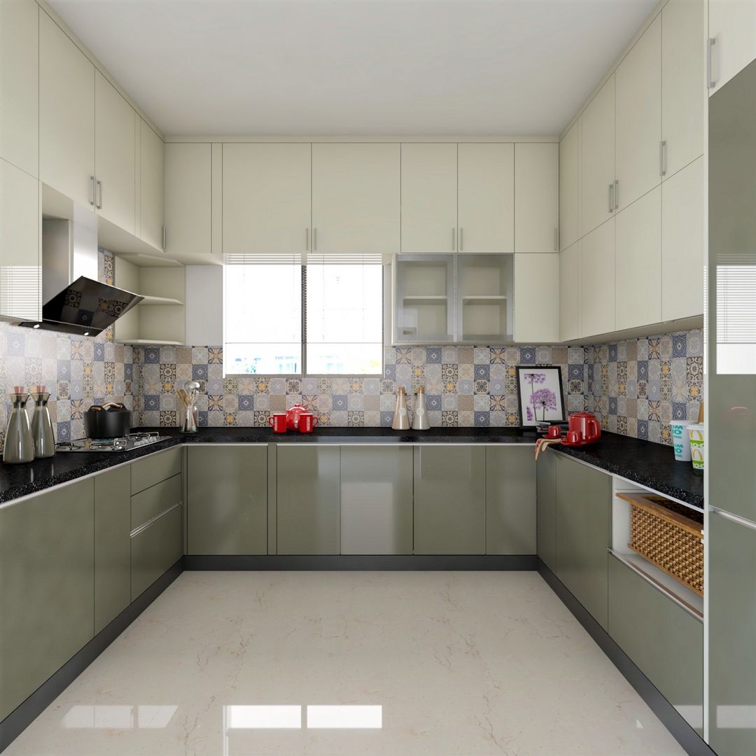 Two-Toned Premium Kitchen with Green and Beige Colours | Livspace