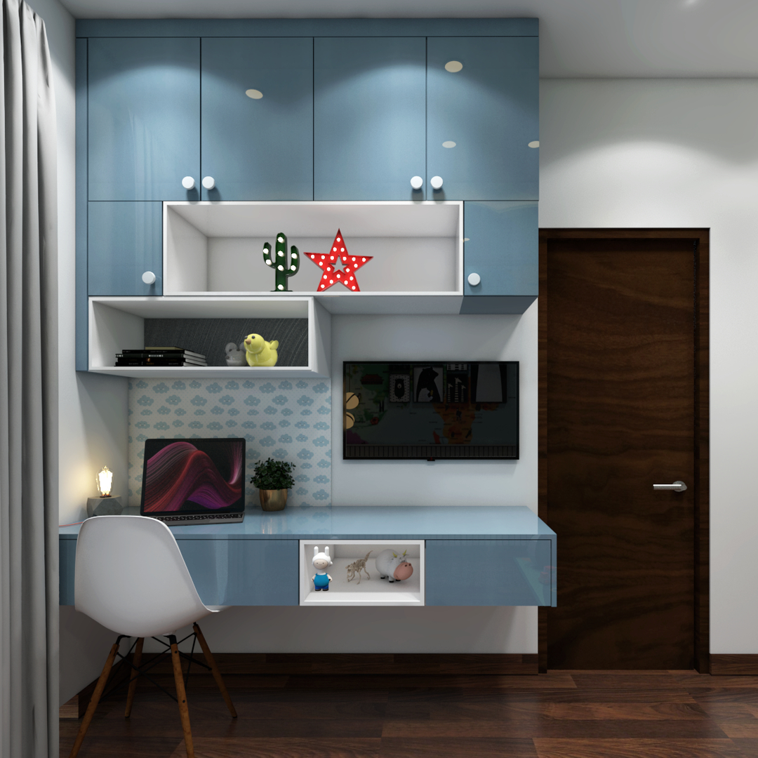 Light Blue Minimal Compact Study Room Interior Design | Livspace