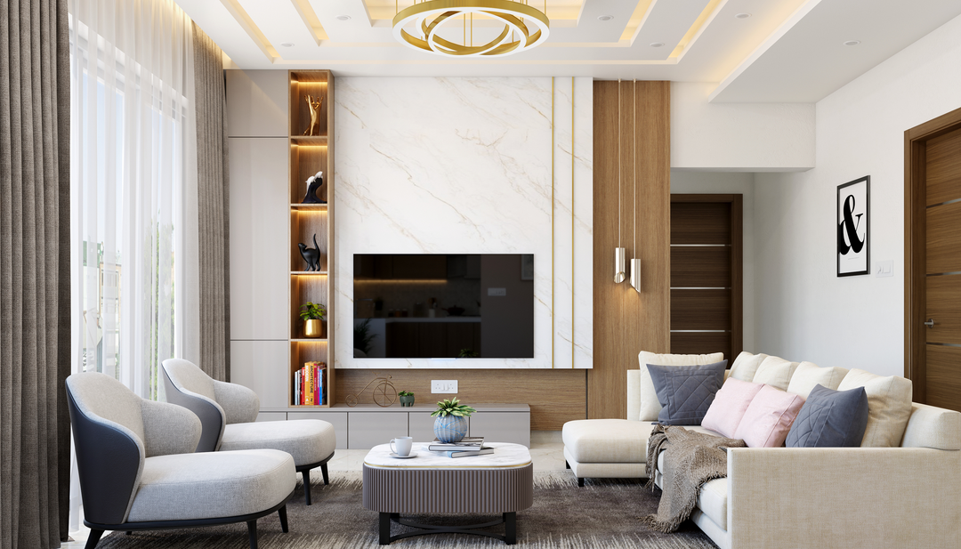 Contemporary Stylish Neutral Design Compact Living Room | Livspace