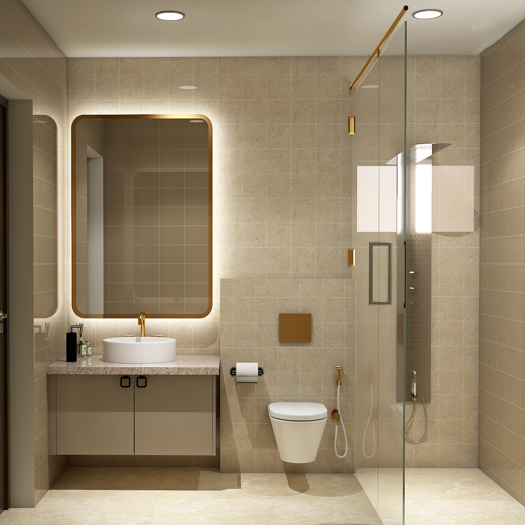 Beige Themed Contemporary Style Spacious Bathroom Design | Livspace