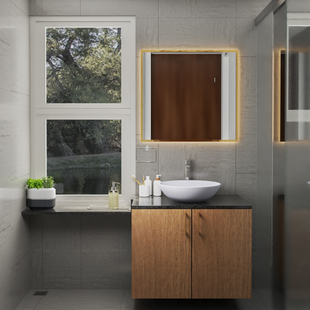 Modern Bathroom Design With Wooden Vanity Unit And Mirror | Livspace