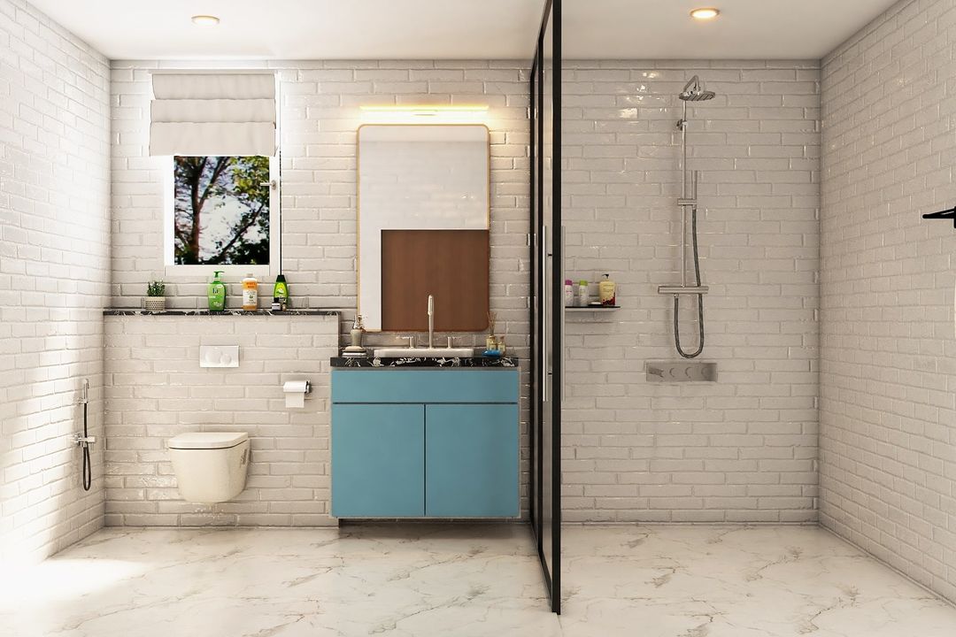 Contemporary Bathroom Design With Silver Fixtures | Livspace