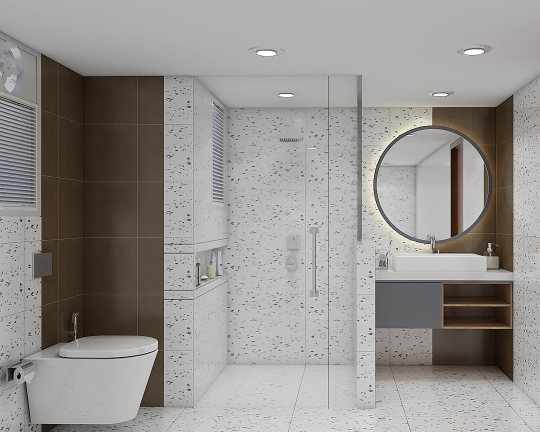 Modern Bathroom Design With Corner Tiles And Large Circular Mirror ...