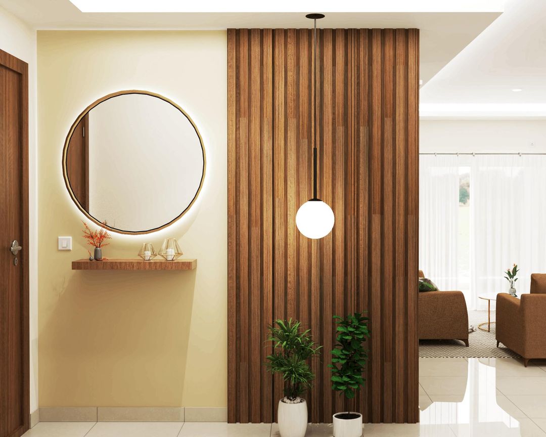 Spacious Foyer Design With Wooden Rafters | Livspace