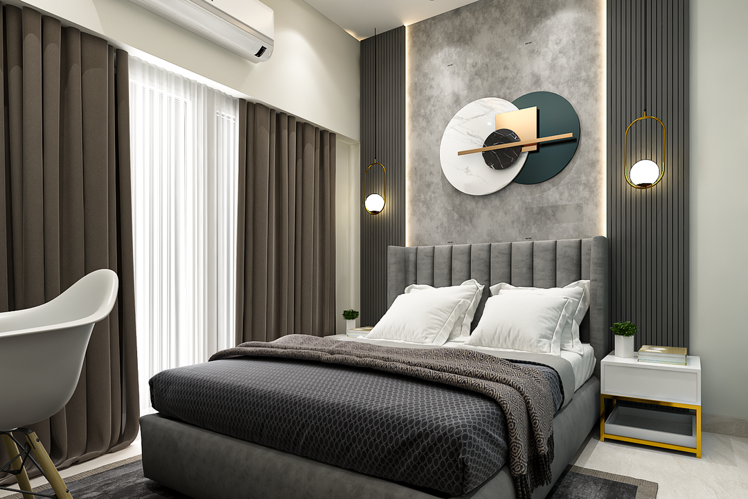 Modern Guest Room Design With Grey Textured Wall And Tufted Bed | Livspace