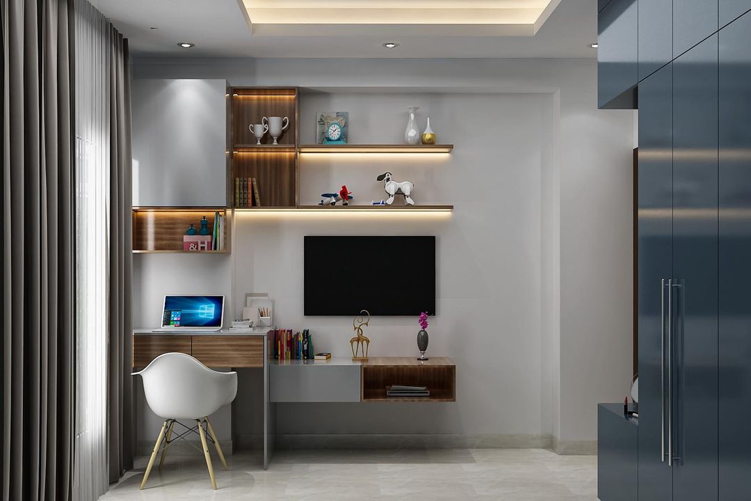 Contemporary Grey Home Office Design With Closed Shelves | Livspace