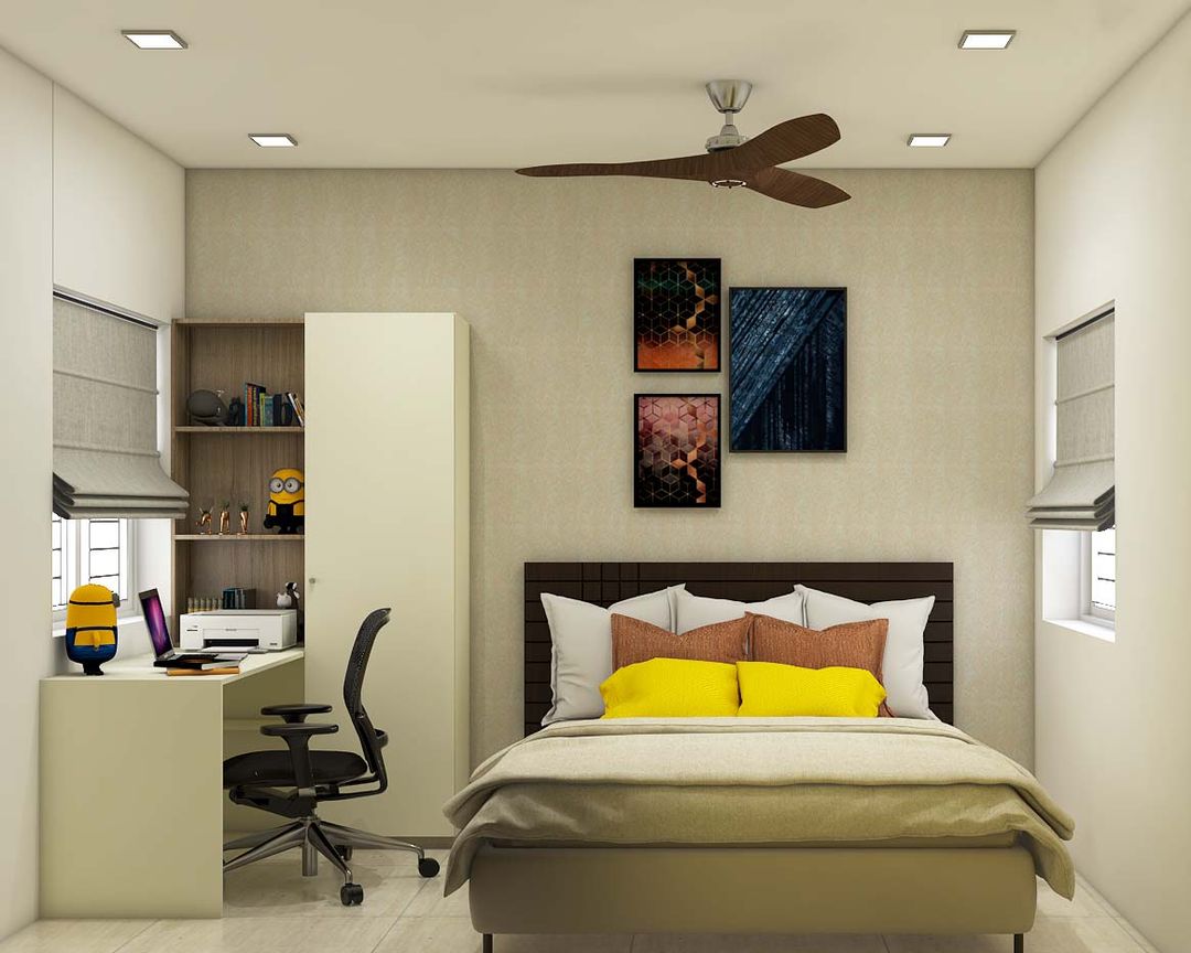 Compact Kid's Bedroom Design With Study Unit And Storage Rack | Livspace