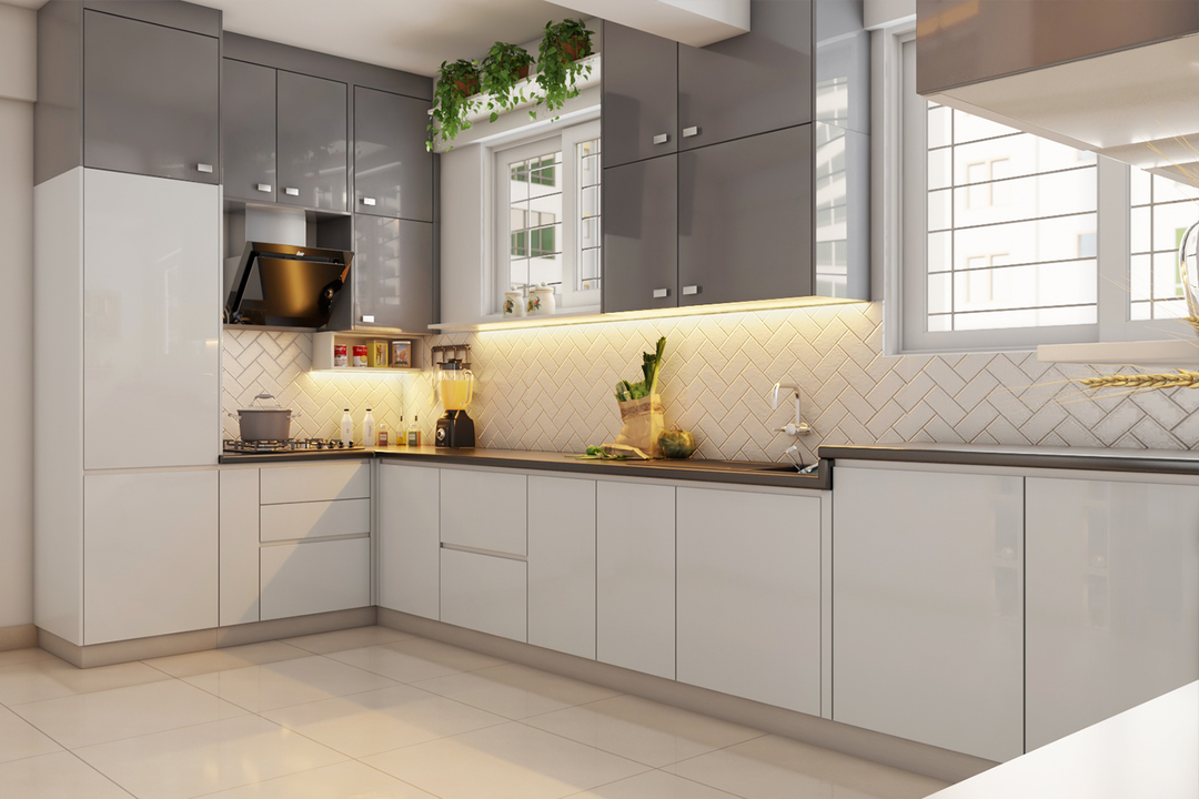 Spacious White And Grey Kitchen Design With Dado Tiles | Livspace