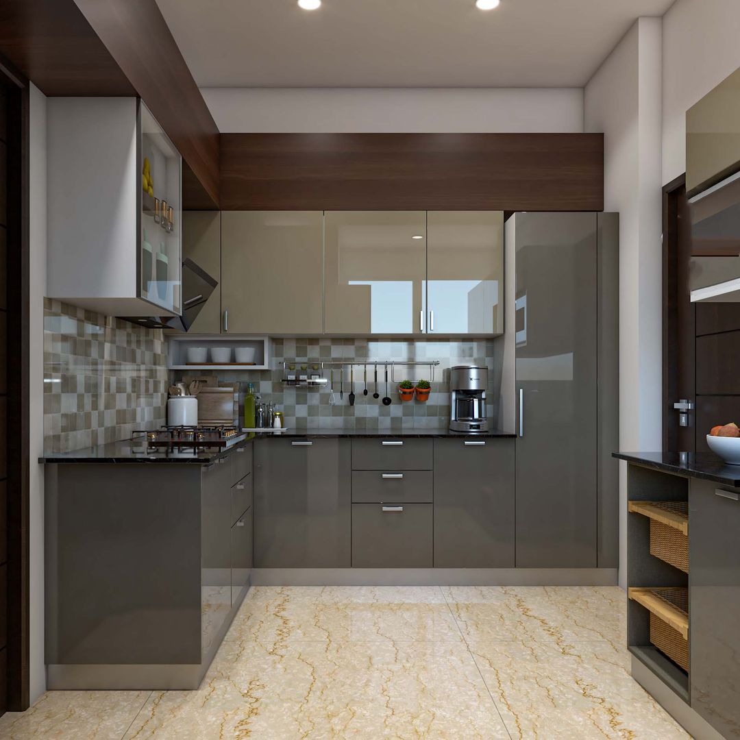 Grey And Cream Kitchen Design With A Glossy Finish | Livspace