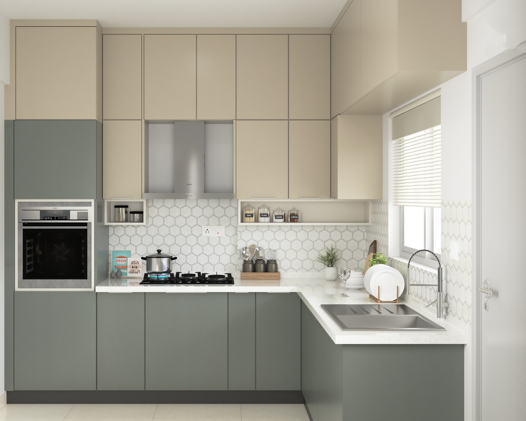 Modern L-Shaped Kitchen Design In Grey And Beige | Livspace