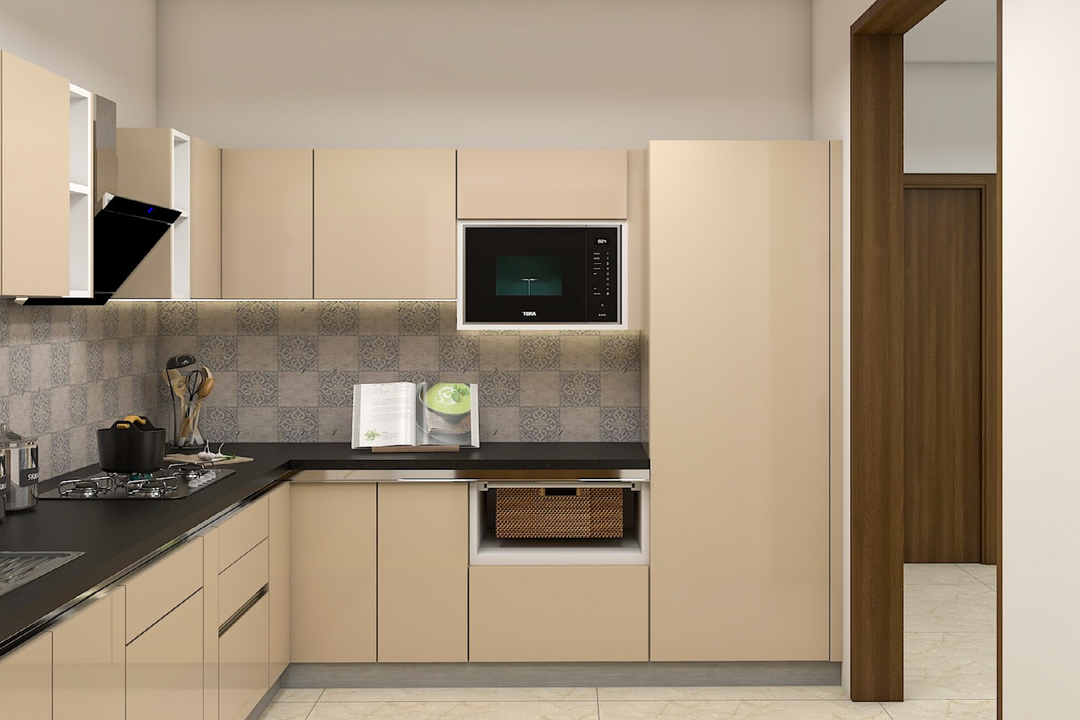 Spacious L-Shaped Kitchen Design With Black Counter Top | Livspace