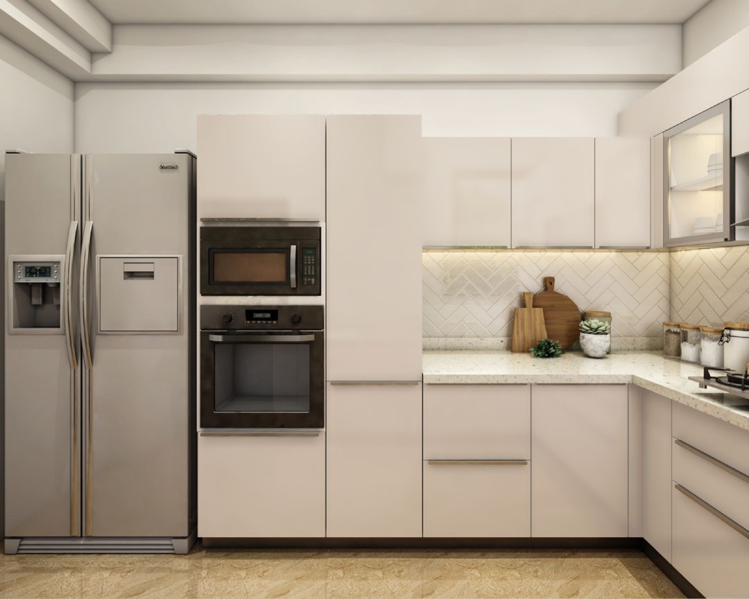 Compact Kitchen Design With Cream Units | Livspace