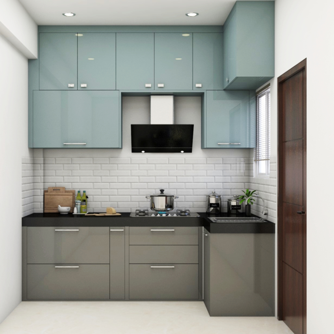 Compact L-shaped Kitchen with Two-Toned Cabinets and White Dado | Livspace