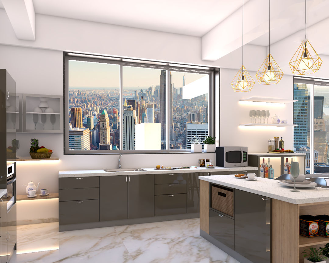 Spacious Modular Kitchen Design With Island Table | Livspace