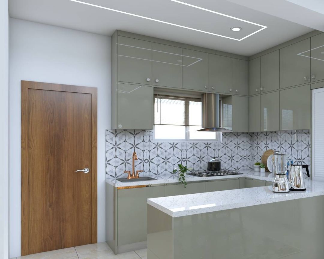 Compact U-Shaped Kitchen Design With Grey Cabinets | Livspace