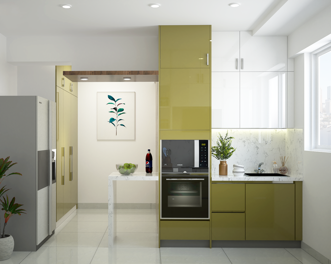 Compact Green And White Modular Kitchen Design | Livspace