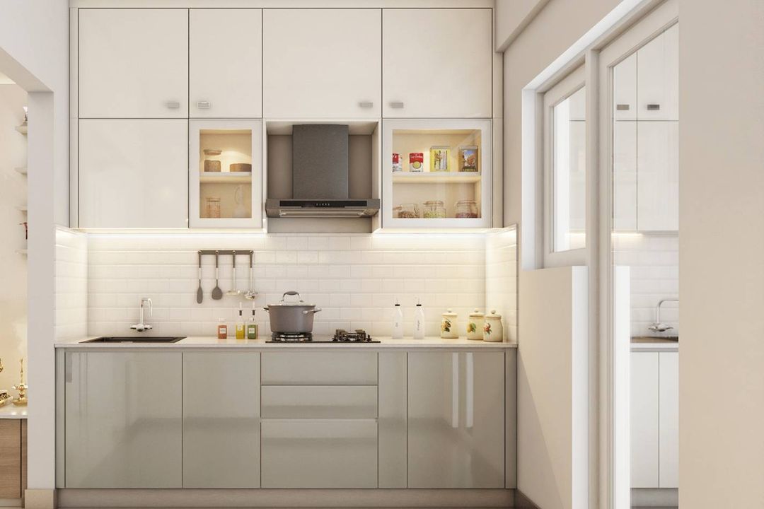 Compact Kitchen Design With Glass Storage Cabinets And In-Built ...