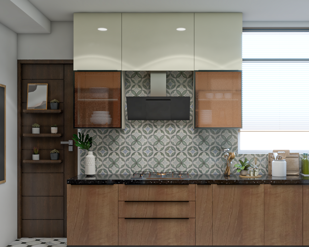 Contemporary Kitchen Design With Wooden And Off-White Cabinets | Livspace