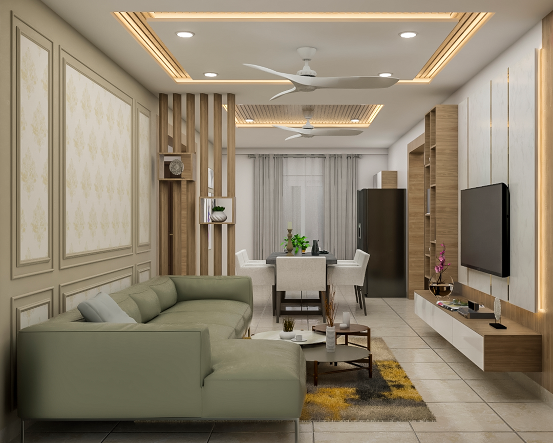 Wooden-Toned Drop-Down False Ceiling Design | Livspace