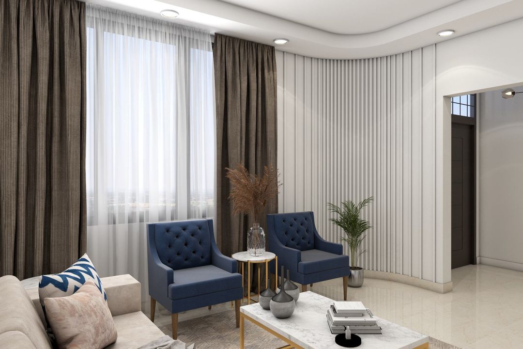 Contemporary Beige Living Room Design With White Reapers | Livspace Contemporary Beige Living Room Design With White Reapers | Livspace