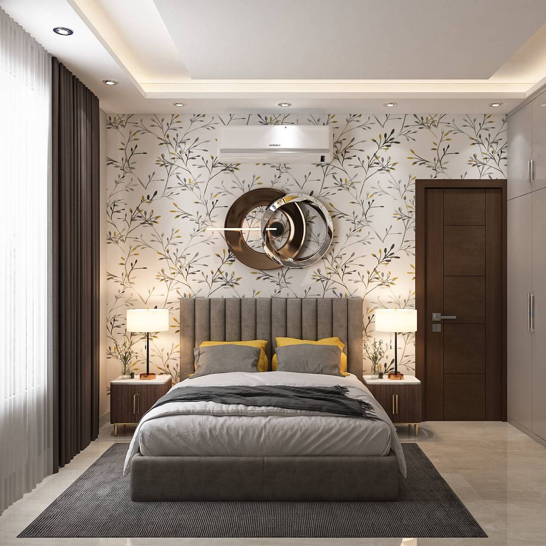 Modern Master Bedroom With Floral Wallpaper | Livspace