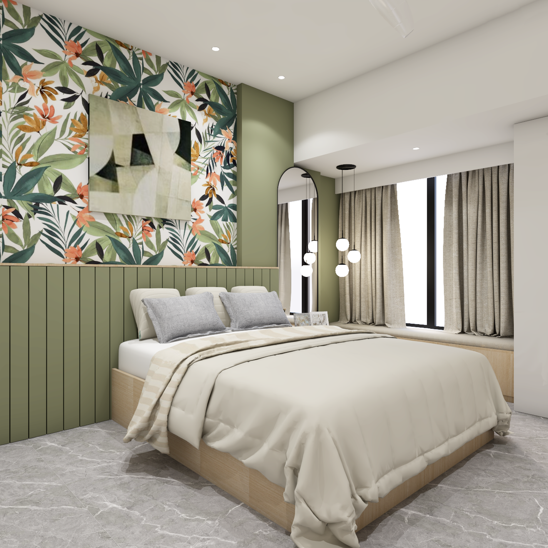Modern And Spacious Master Bedroom With Tropical Style Wallpaper | Livspace