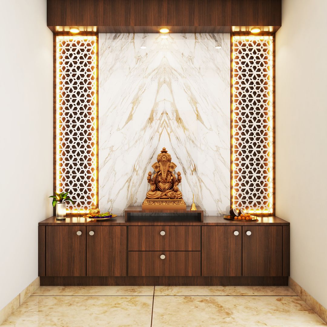 Spacious Pooja Room Design With Marble Backdrop And Wooden Cabinets ...