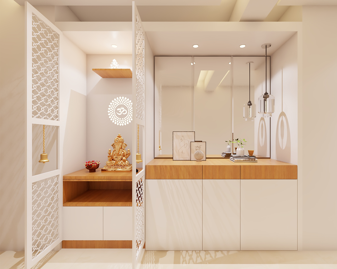 Maximum Storage Convenient Contemporary Puja Room Design | Livspace