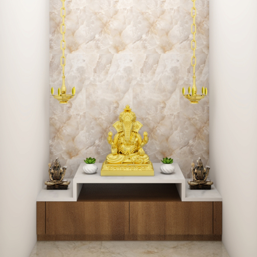 Compact Pooja Room Design With Step-Up Platform And Wooden Cabinets ...