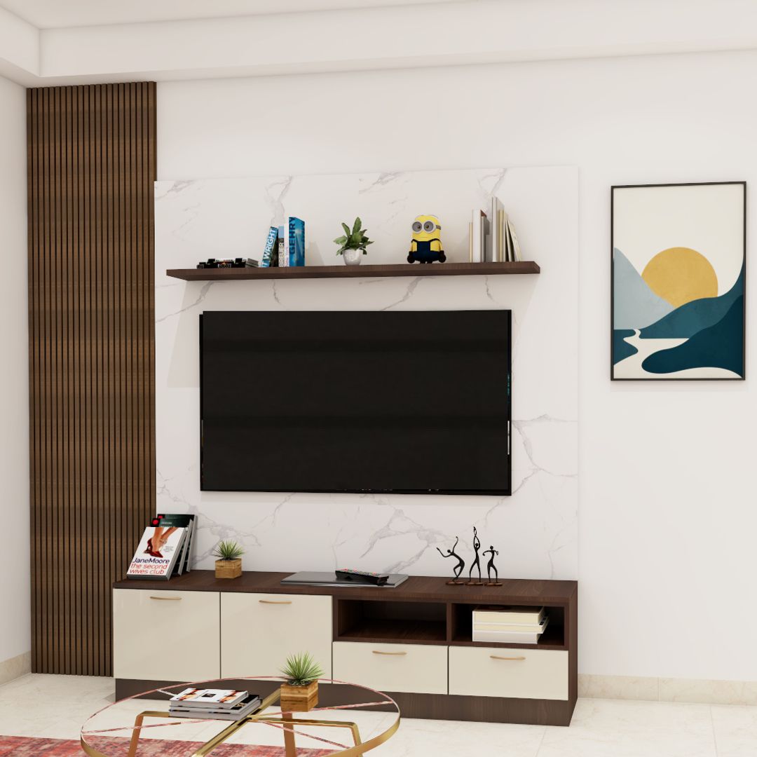 Contemporary Compact TV Unit Design With Wood And White Decor | Livspace