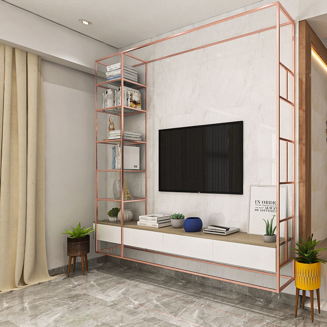 Spacious TV Unit Design With Console Unit And Metallic Rack | Livspace