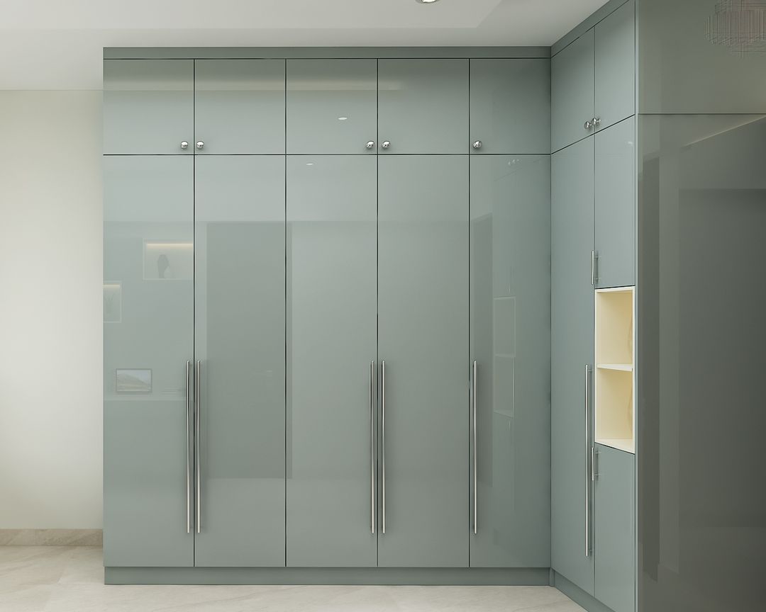 L-Shaped Glossy Grey Corner Wardrobe Design | Livspace