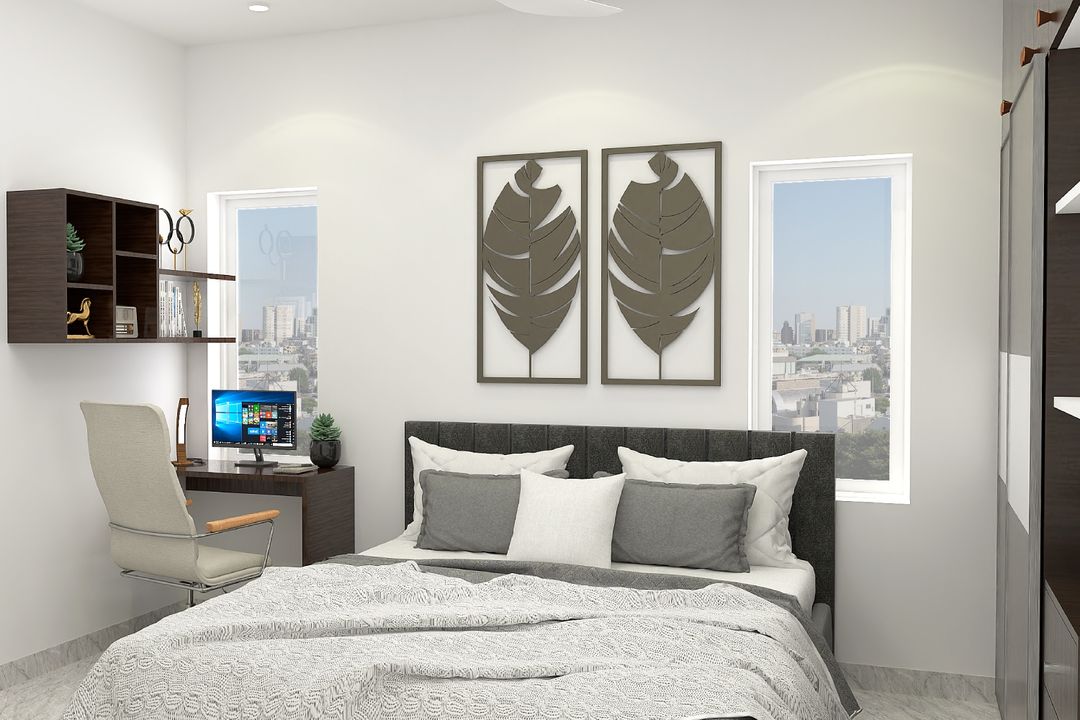 Grey And Brown Guest Room Design With Queen-Sized Bed And Grey ...