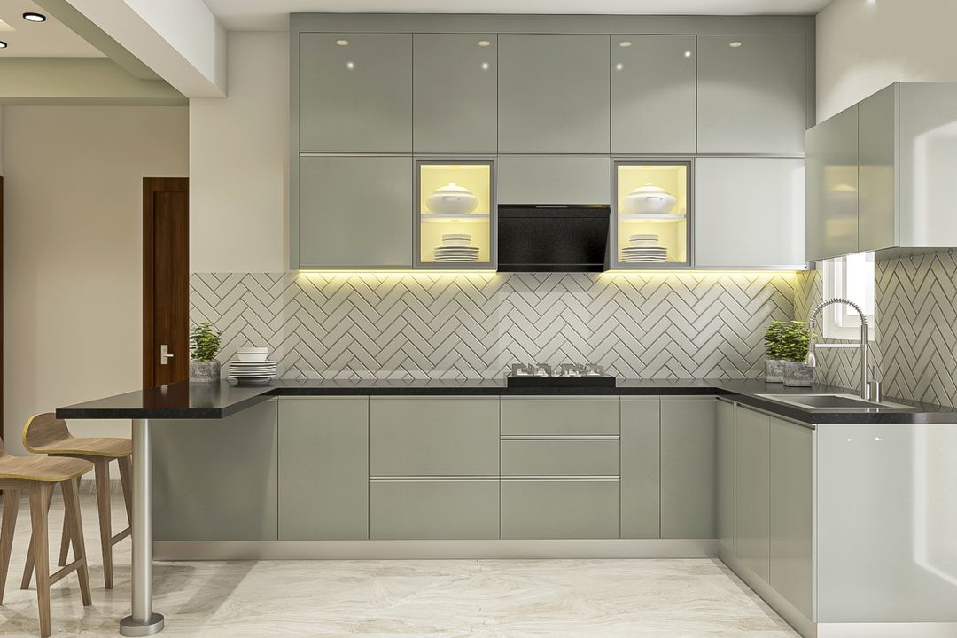 Metallic Blue Modular Open Kitchen Design | Livspace