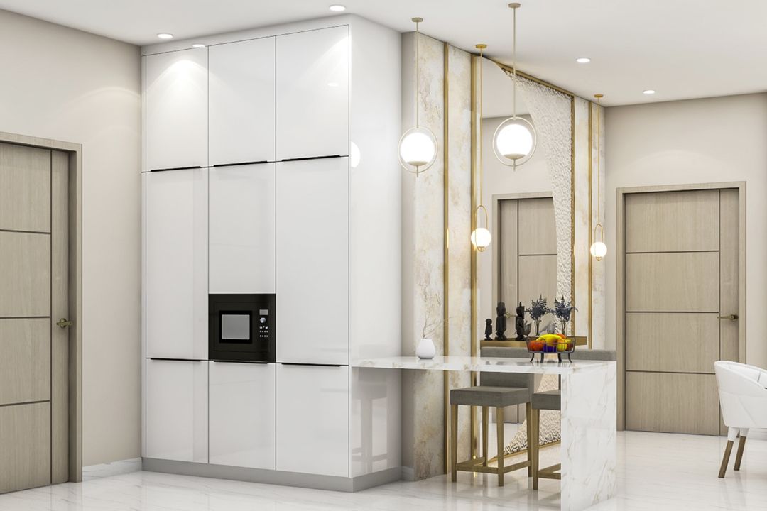 Modular Open Kitchen Design In Frosty White With Frosted Shutters ...
